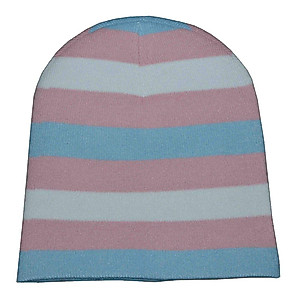 Nayt Striped 8" Short Cuffless Beanie Hat Pink Blue White