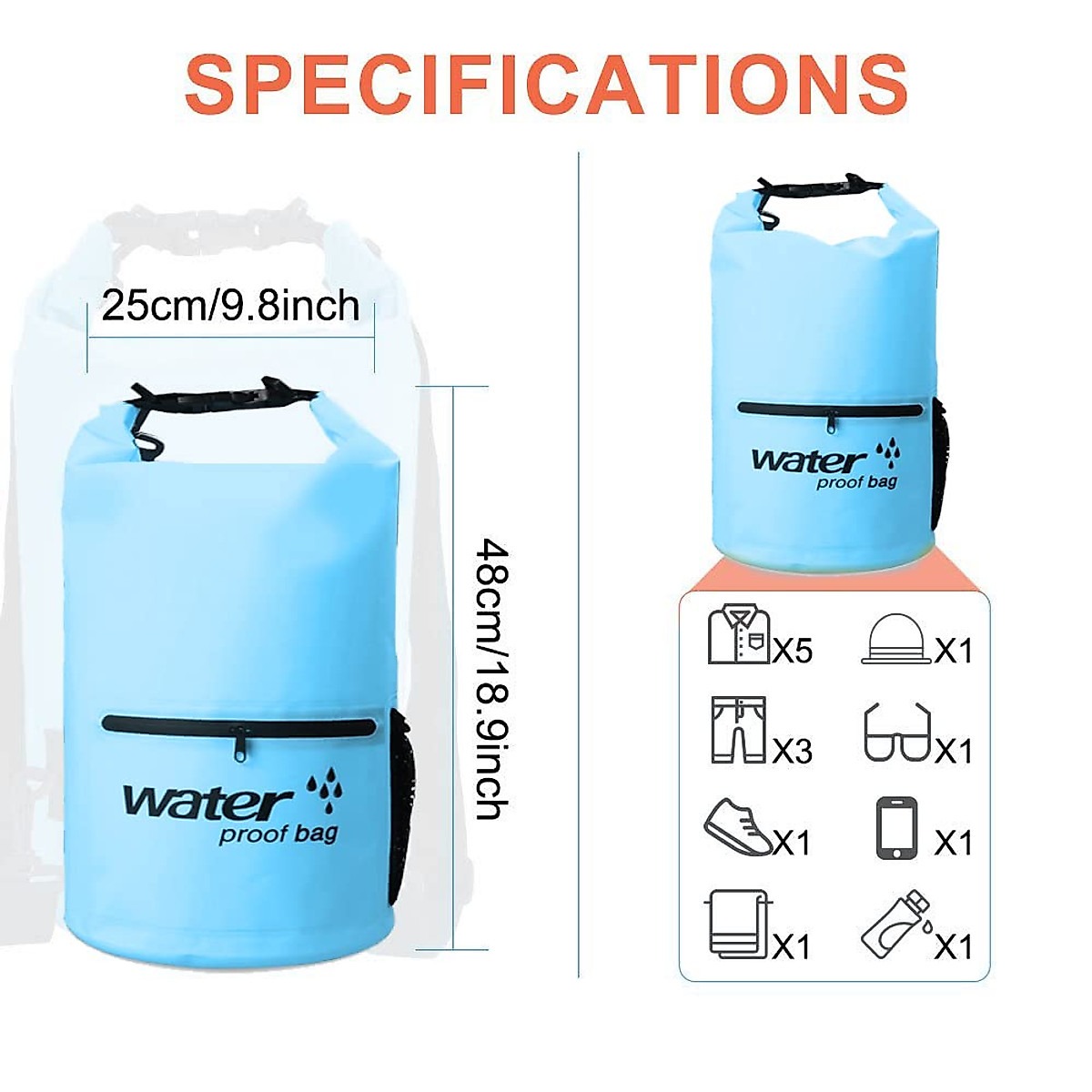 AIKSENT Dry Bag 20L waterproof bag with cellphone bag to Keep Gears dry for Kayaking, beach rafting, boating, hiking, Camping (Blue)