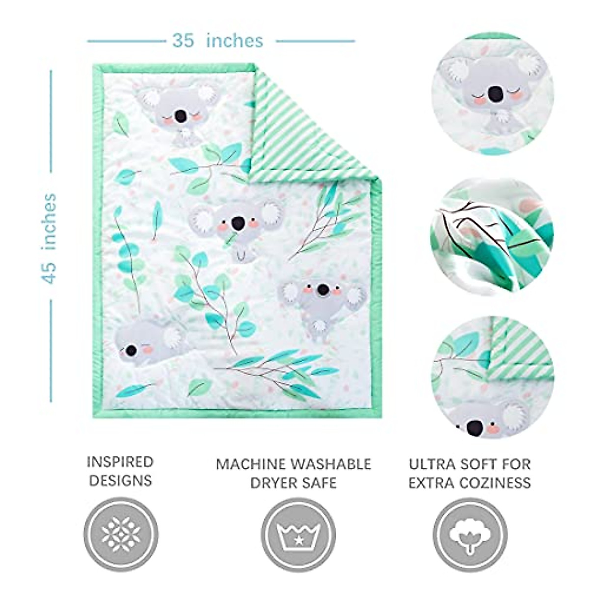 Little Grape Land 4 Piece Crib Bedding Set, Crib Sheet, Crib Skirt, Baby Quilt and Pillow Cover, Nursery Bedding Set, Baby Comforter Set for Toddler, Kids, Boys and Girls, Green Koala