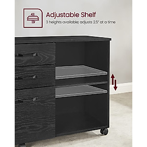 VASAGLE Lateral File Cabinet, Home Office Printer Stand, 3-Drawer Mobile Filing Cabinet with Open Storage Shelves, for A4, Letter-Size Files, Black with Wood Grain UOFC041B56