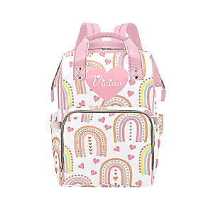 CUXWEOT Pattern Pink Rainbow Heart Diaper Bags Personalized with Name Customized Travel Back Pack Hiking Camping Mum Backpack
