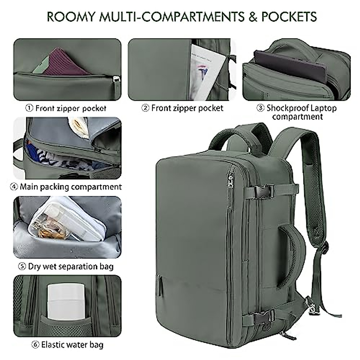 Beraliy Travel Backpack for Men Women, Airline Approved Personal Bag,17 Inch Laptop Backpack, Carry On Backpack for Hiking Overnight with USB Charging Hole, Olive-green