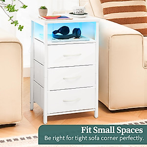 Yoobure Night Stand with Charging Station, 16 Colors LED Nightstand with USB Ports and Outlets, End Table with 3 Fabric Drawers and Storage Shelf, Bedside Tables Small Dresser for Small Space White