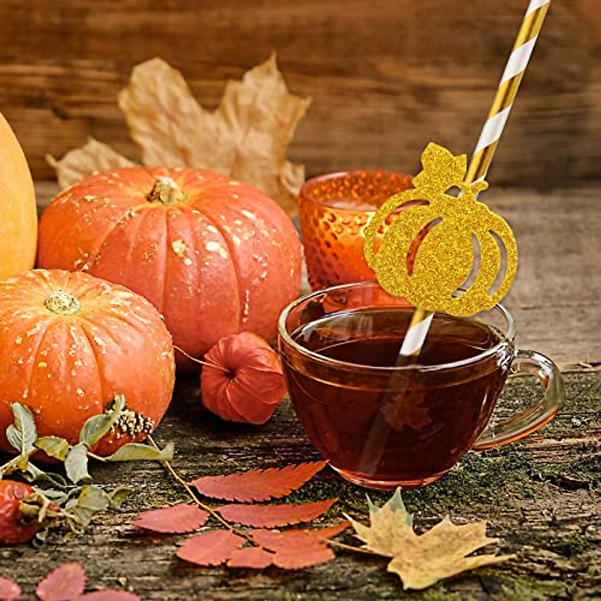 Whaline 50Pcs Thanksgiving Fall Pumpkin Paper Straws Glitter Gold Foil White Stripe Disposable Straws Fall Harvest Drinking Straws with Glue Points for Autumn Thanksgiving Wedding Party Table Decor