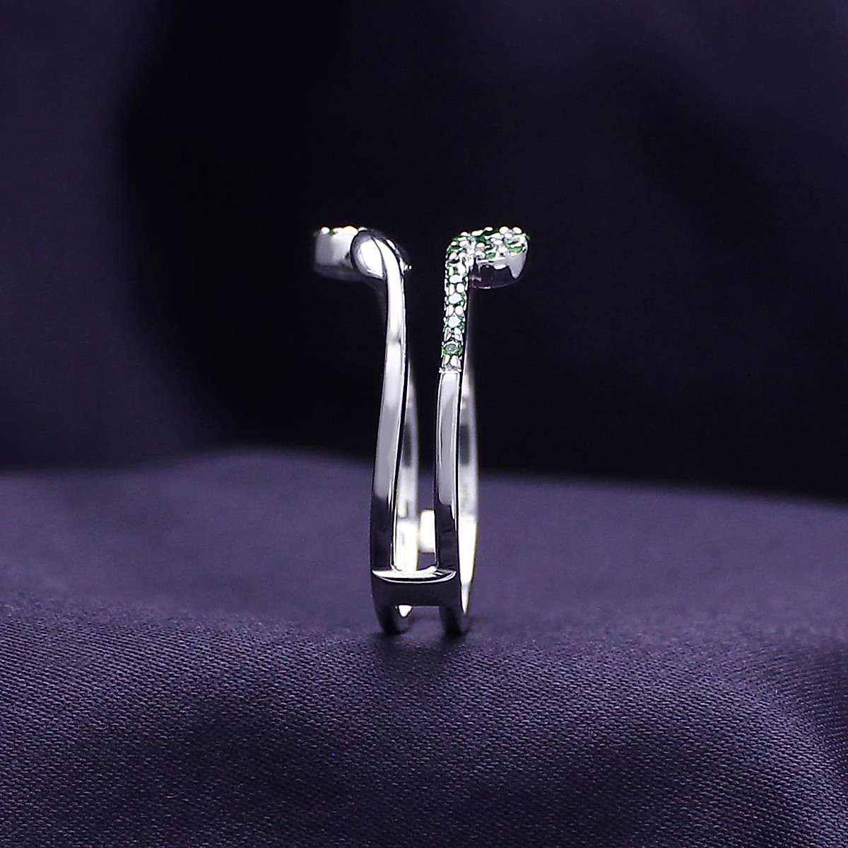 AFFY Round Cut Simulated Emerald Leaf Guard Enhancer Ring in 14k White Gold Over Sterling Silver Ring Size-12