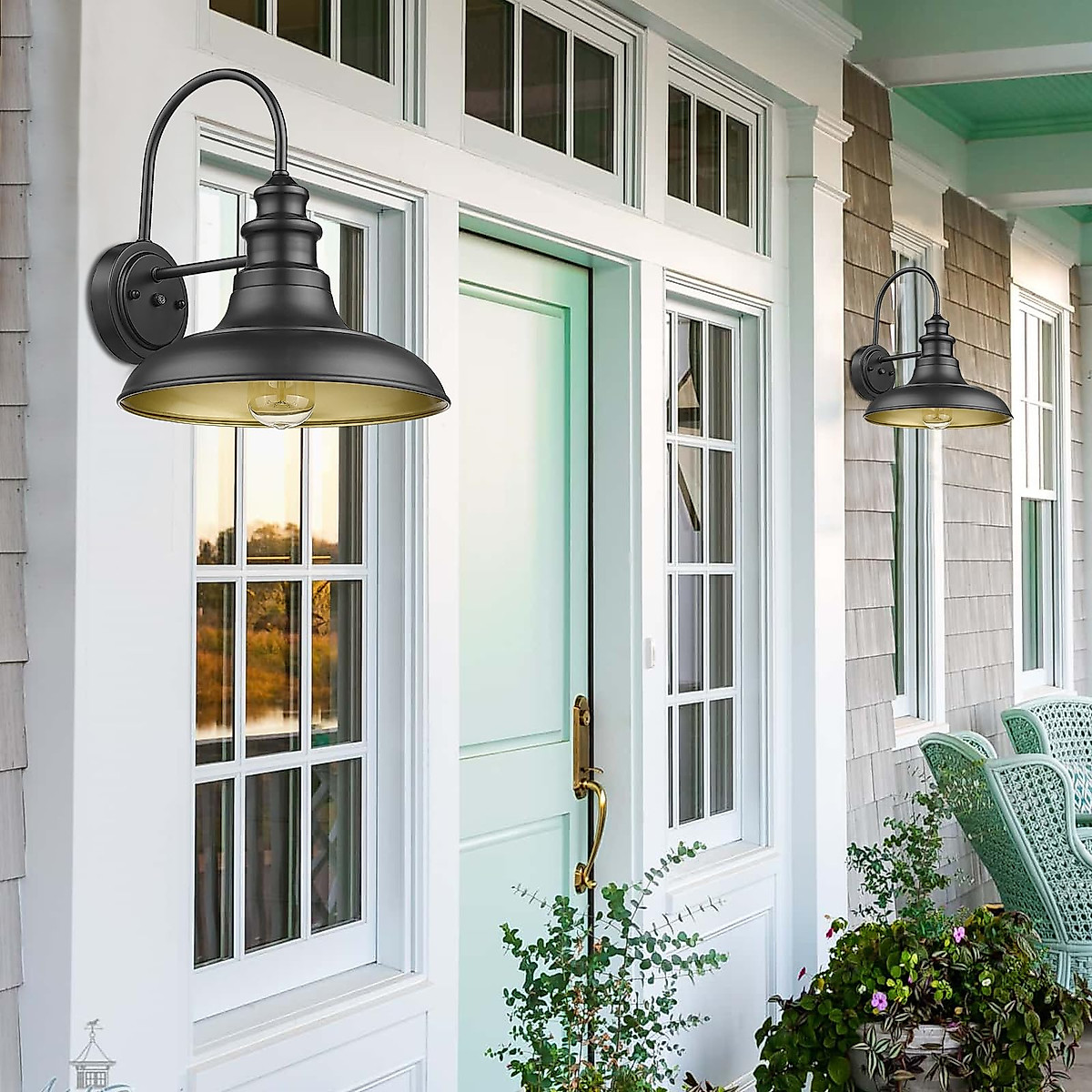 Dusk to Dawn Sensor Outdoor Barn Light Fixture, 12.3 Inch Dome Outdoor Wall Sconce Farmhouse Wall Mount Lights Exterior Gooseneck Light Fixture Black Finish Industrial Wall Lantern for Porch, 2Pack