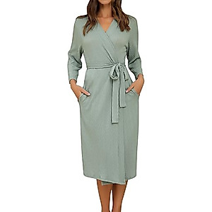 Ekouaer Women's Robes Long Bathrobes Jacquard Knit Spa Shower Robe Fixed Belt Sleepwear with Two Pockets S-3XL