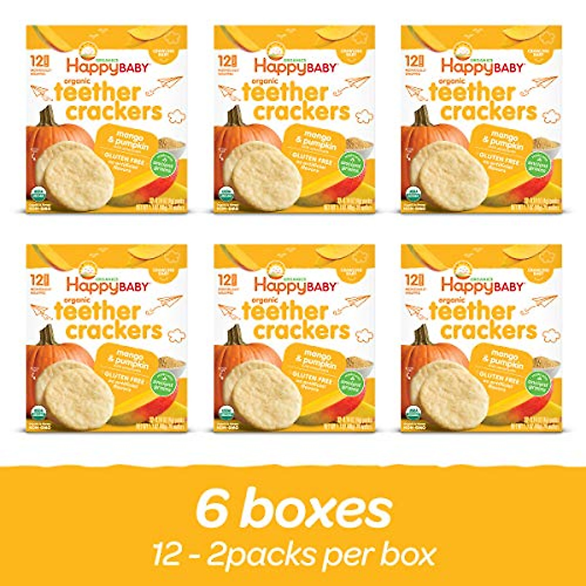 Happy Baby Organics Baby Snacks, Gentle Teething Crackers, Gluten Free & Vegan, Mango & Pumpkin, 12 Count (Pack of 6)