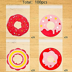 Konsait 100Count Donuts Cookie Candy Treat Bags Self-Adhesive Sweets Biscuit Dessert Bags Plastic Bags Packaging Donuts Cellophane Gift Goody Bags for Children's Day Party Favors Supplies