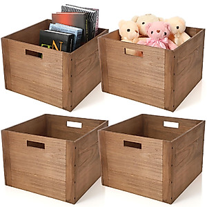 Menkxi 4 Pcs Stackable Wood Storage Cube for Shelves Closet Wooden Bins Box Wood Crates Storage Baskets Container for Toy Books Clothes Home Office, Dark Brown(14 x 14 x 10 Inch)