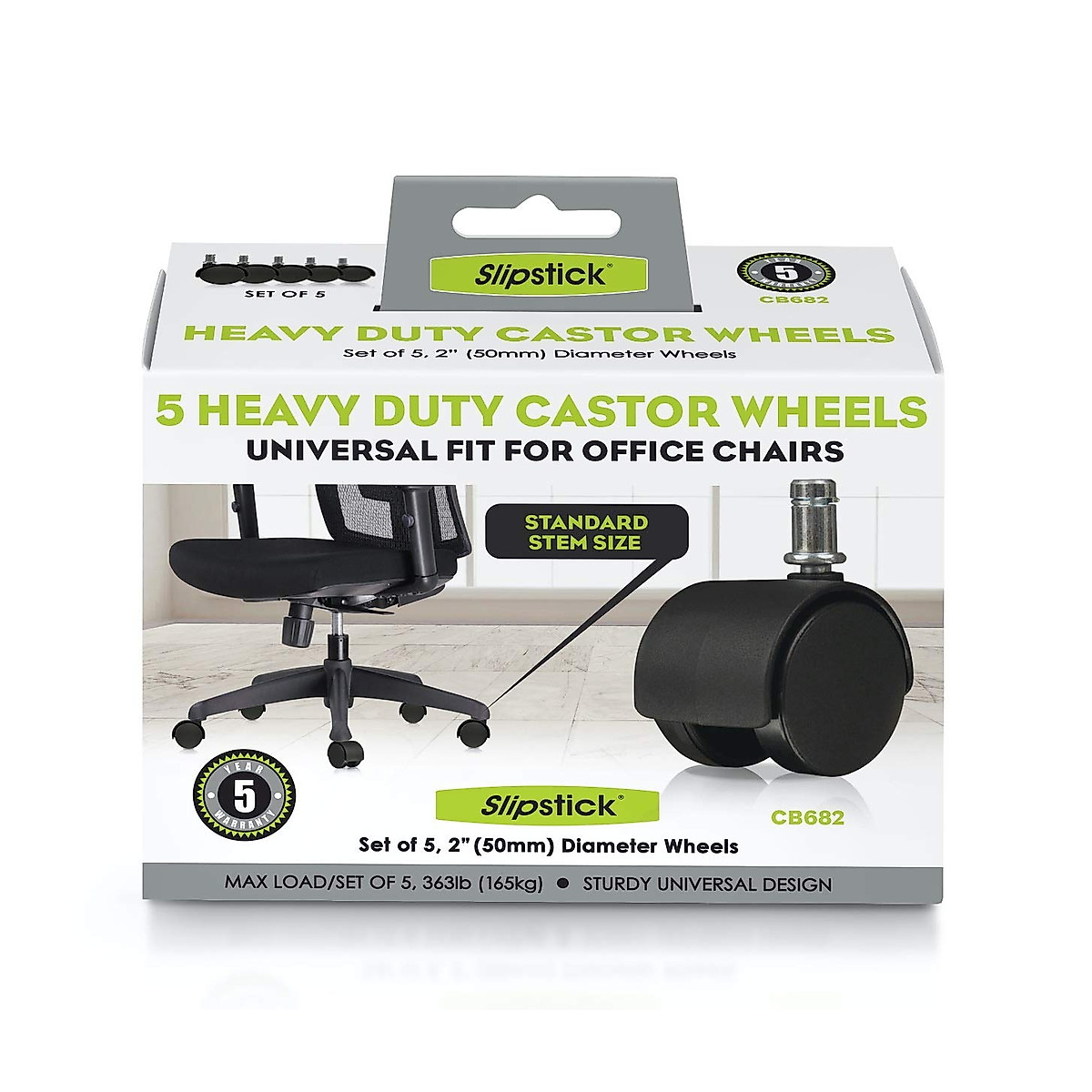 Slipstick CB682 2 Inch Replacement Office Chair Wheels (Set of 5 Casters) Universal Standard Size Stem 7/16 Inch x 7/8 Inch - Black Plastic