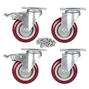 4 Inch Caster Wheels, Set of 4, Heavy Duty Casters Load 2400lbs with Brakes & Top Plate, 360-degree Swivel Casters for Furniture and Workbench Cart (Free Hardware Kit)