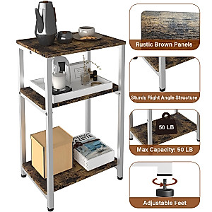 Tigerden 3 Tier Side Table, Heavy Duty End Table with Shelves, Narrow nightstand Table for Small Spaces, Record Player Table for Bedroom, Living Room, Sofa Couch - Rustic Brown & White