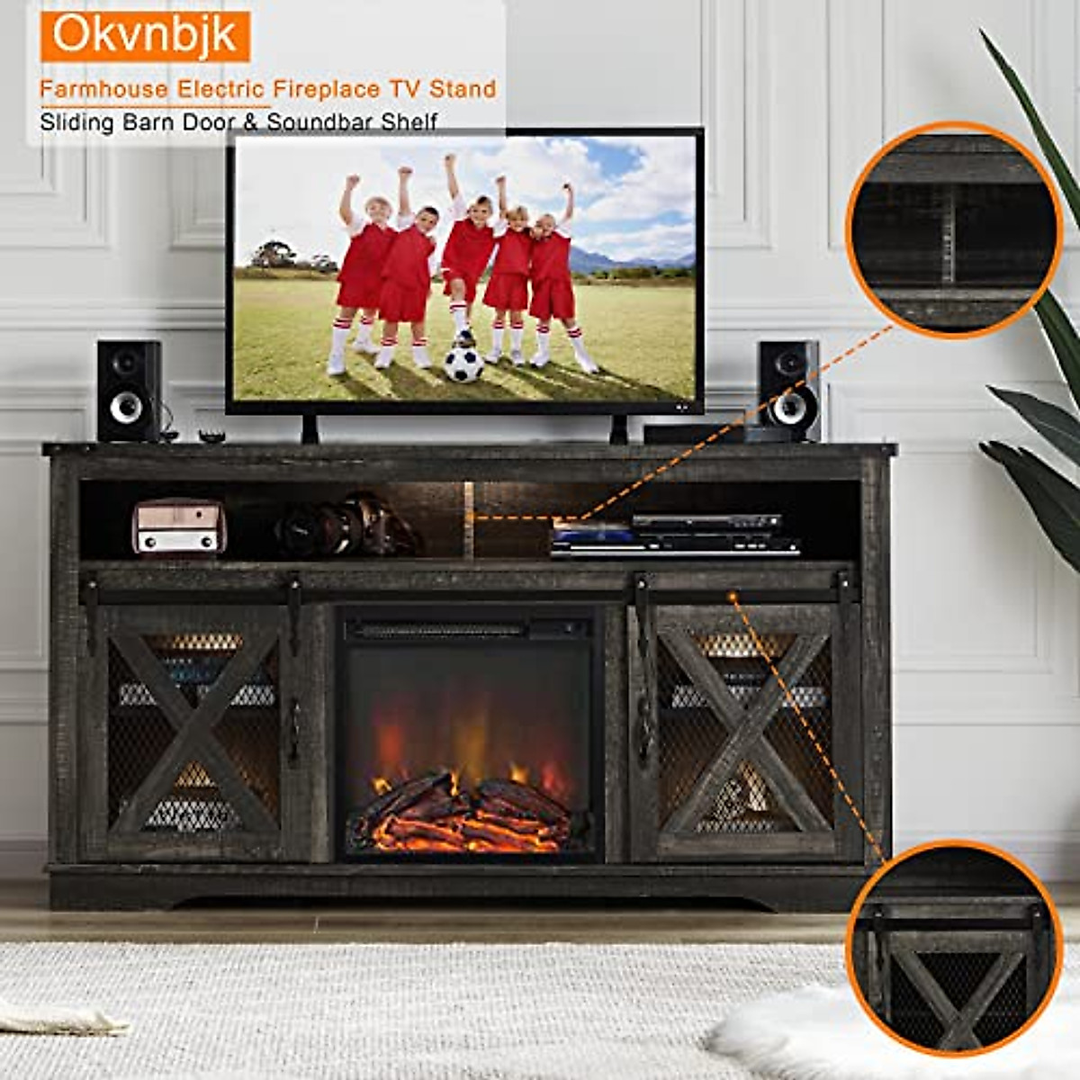 Okvnbjk Fireplace TV Stand for TVs up to 70", Entertainment Center with 18" Electric Fireplace, Farmhouse TV Stand Industrial Media Console with Sliding Barn Door for Living Room, 58 Inch, Dark Oak