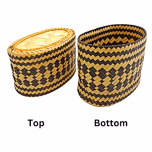 Bamboo Sticky Rice Serving Basket 6 x 3.7 Inch, Kratip, Intricately Woven Container, Oval-Shaped Pattern, Thailand Handmade, Dyed with Natural Based Black Charcoal (Mini Heart) (Double Square)