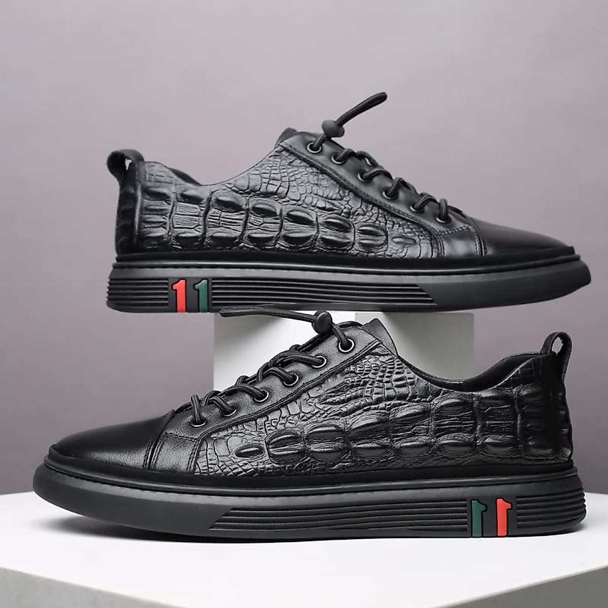 ZOOGEM Men's Crocodile Print Leather Shoes, Non-Slip Casual Fashion Sneakers (Black-d, 9)