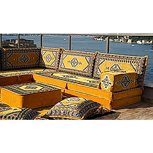 Yellow Traditional Floor Couch Set, L Shaped Sectional Sofas, Arabic Floor Sofa Set,Yoga Meditation Mat, Futon Sofa Bed (L Sofa + Rug + Poufs)