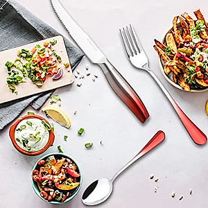 KNIFAST 41-Piece Silverware Set, Stainless Steel Flatware Cutlery Set, Tableware Eating Utensils Include Rubber Wood Block/Steak Knife/Knife/Fork/Spoon, Mirror Polished, Dishwasher Safe (Red)