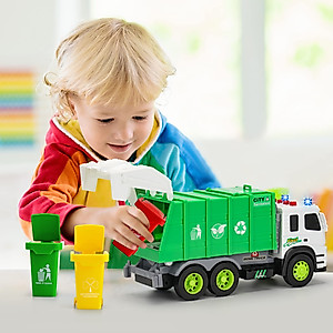 MOBIUS Toys Garbage Truck Friction-Powered – 1:12 Scale Large Size Truck w/Sounds, Lights, Loader, 4 Trash Cans for Learning Waste Management Recycling Toy for Toddlers, Boys, Girls 3 4 5 Years Old