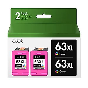 ejet 63XL Tri-Color Ink Cartridges Replacement for HP 63 Color Ink Cartridge High-Yield Remanufactured for OfficeJet 3830 Envy 4520 4512 Officejet 4650 5255 Deskjet 1112 3634 3632 Printer (2 Pack)