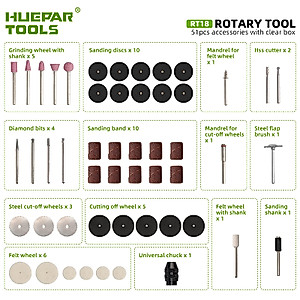 Huepar Tools Rotary Tool kit, Rotary Tool Set with Stand, 51 PCS Accessories(Keyless Chuck), 4 Variable Speed18,000RPM, Ideal for DIY, Woodwork & Hobby Craft, Dremel Compatible - RT18