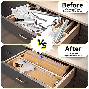 BoxThink Bamboo Wood Plastic Wrap Dispenser with Slide Cutter Also for 12 inch Aluminum foil, Parchment Paper, Cling Wrap Dispenser Sturdy and Reusable (12inch With Slide Cutte)