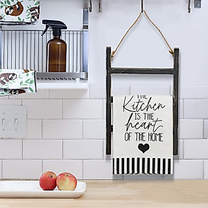 GenMous 3 Tiered Tea Towel Ladder with Cute Kitchen Sign for Farmhouse Kitchen Counter Decor, Rustic Torched Wood Hand Towel Stand, Hanging Bathroom Decorative Mini Ladder Kitchen Towel Rack Black