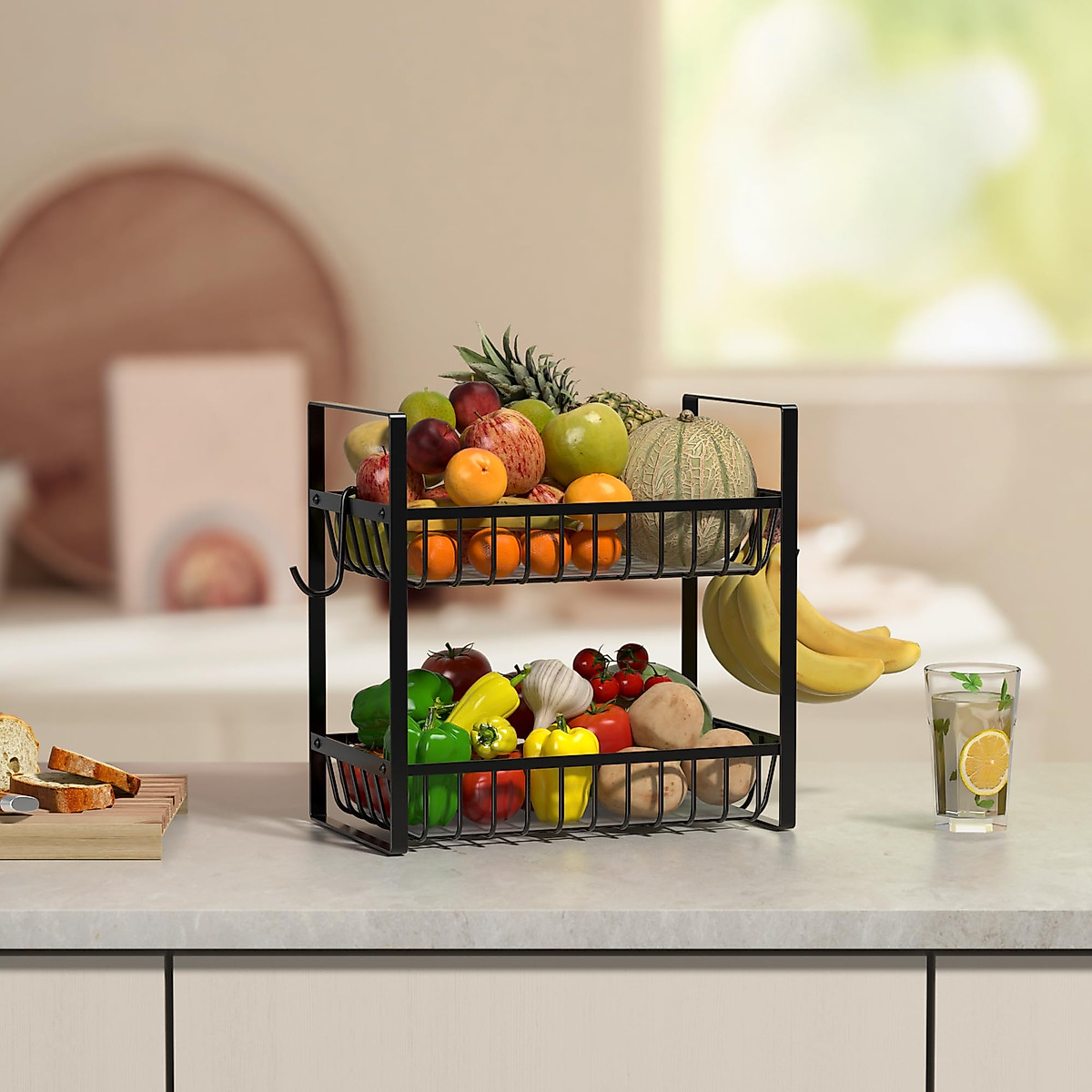 Webtrylics Fruit Basket for Kitchen Counter,Fruit Bowl,Countertop Organizer for Onion Bread and Snack Storage,Heavy Duty Metal Fruit Stand Holder with Liners (2 Tier)