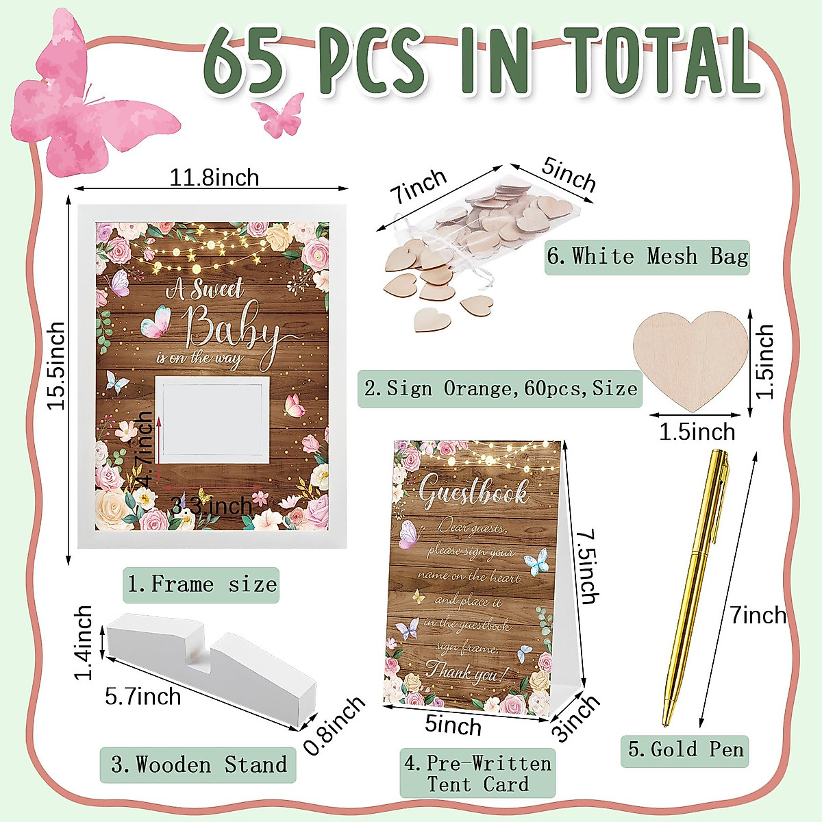 Kosiz Rustic Wood Floral Baby Shower Guest Book Alternatives Butterfly Pink Flower Guest Book Frame with Wooden Hearts for 60 Guests Baby Shower Sign Pregnancy Keepsake for Soon to Be Moms