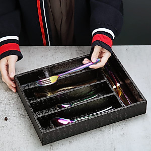 Kyraton Black Leather Wood Kitchen Flatware Drawer Organizers, Silverware Drawer Organiser and Cutlery Tray, Utensil Tray Drawer Organizer, Cutlery Flatware Organizer With Drawers