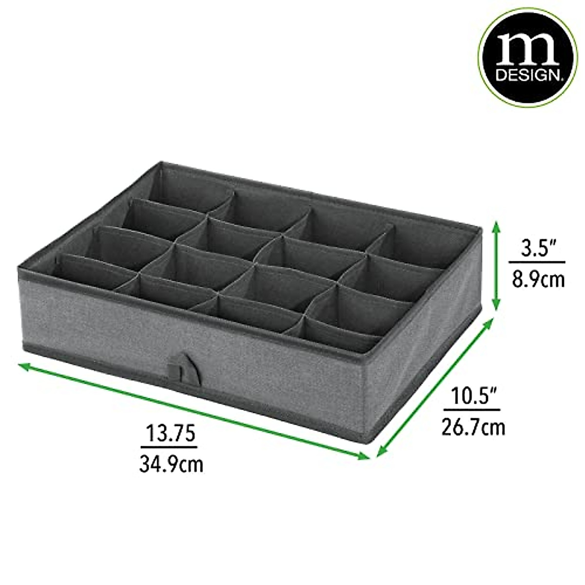 mDesign Soft Fabric Dresser Drawer and Closet Storage Organizer Tray - 16 Sections for Lingerie, Bras, Socks, Leggings, Underwear, Jewelry, Scarves - Textured Print, 2 Pack - Charcoal Gray/Black