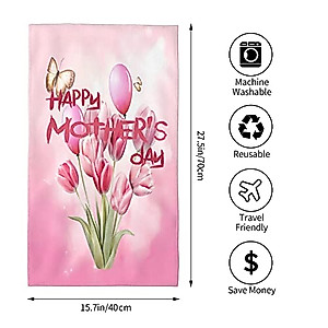Heantstoy Happy Mother's Day Watercolor Pink Tulips Hand Towel Soft Bath Towel Kitchen Tea Dish Towels Bathroom Decorations Housewarming Gifts 27.5in X 15.7in