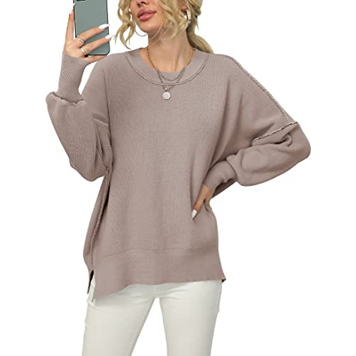 ANRABESS Women's Long Sleeve Oversized Crew Neck Solid Color Side Slit Knit Pullover Sweater A305hongxing-XS