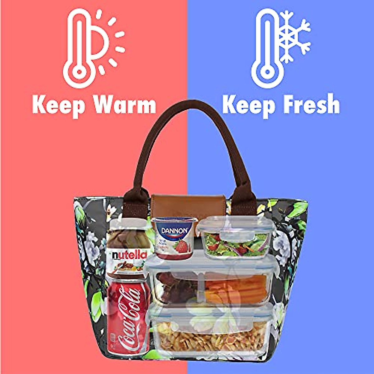 OPUX Large Lunch Bags for Women, Insulated Lunch Tote for Adult Women Work, Tall Reusable Lunch Box Purse for Girls with Pockets for Work Office, Lunch Cooler for Meal Prep, 15 Cans (Floral Gray)