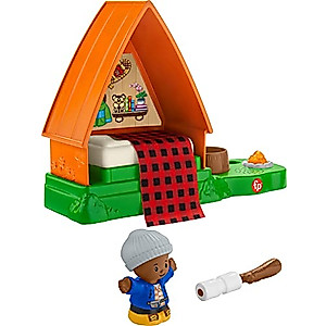 Fisher-Price Little People Toddler Playset Cabin With Camper Figure Plus Campfire Light And Sounds For Pretend Play Ages 1+ Years