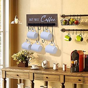 GENMOUS Rustic Coffee Mug Holder Wall Mounted for Mug Rack Organizer, Farmhouse Wood Coffee Cup Holder Tea Mug Rack Wood Storage Display Organizer Hanger for Home Kitchen Coffee Bar Wall Decor Brown