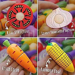 Wooden Play Food for Kids Kitchen Toys for Toddlers Cutting Pretend Toy Food Wooden Fruits Vegetables Gift for Boys Girls Educational Toys