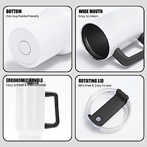 Icesip 12 Pack 40oz Sublimation Tumbler Blank, Sublimation Tumbler With Handle Double Wall Stainless Steel Insulated Tumblers Blanks Cups White Black Handle for Heat Transfer Machine Printing