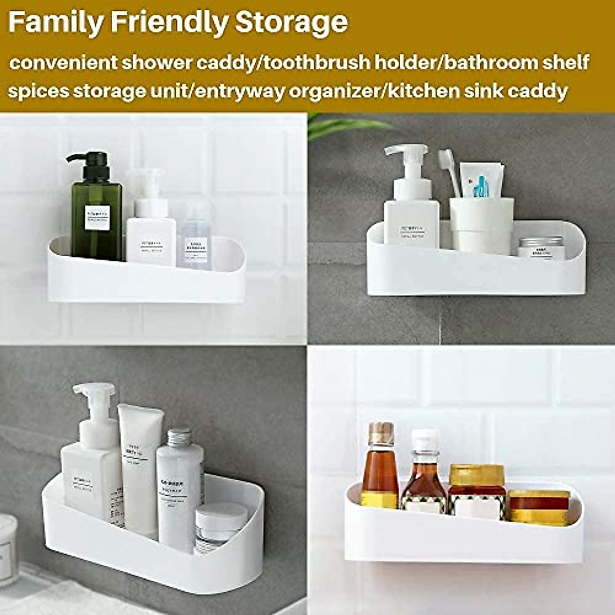 SUNFICON Shower Caddy Adhesive Bathroom Shelf Organizer Wall Mounted Storage Rack No Drilling Shower Shelf Bath Essentials Shampoo Spice Holder 2 Clear Adhesives for Shower Room Bathroom Kitchen White