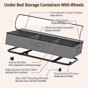 damynuo Under Bed Storage with Wheels - 2Pack Under Bed Storage Containers with Clear Lid and Handles, The Underbed Storage Bins Perfect for Under Bed Shoe Storage, Great Under Bed Drawers