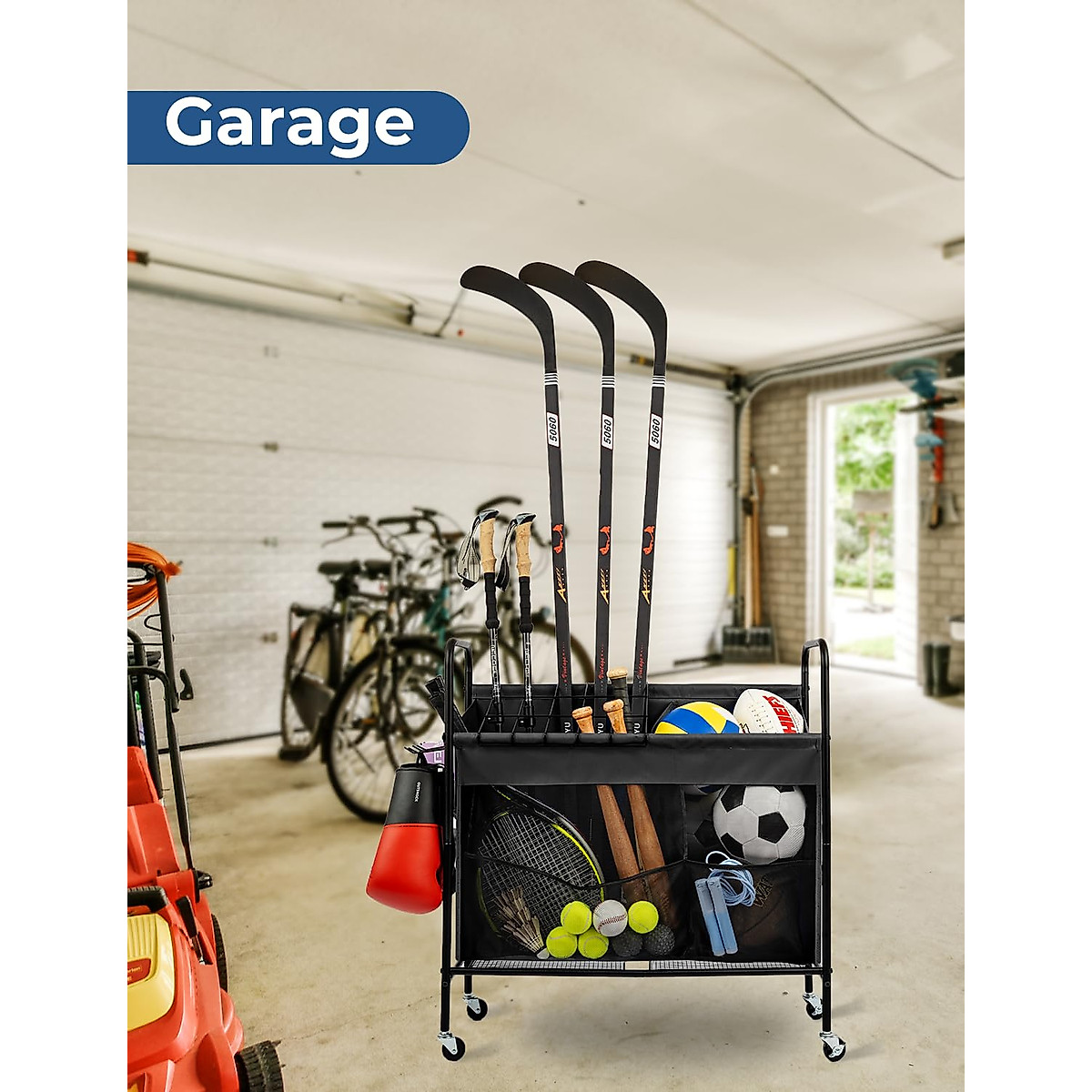 StorageWorks 110L Garden Tool Organizer, Multipurpose Garden Organizer for Yard Tool, Rolling Sports Equipment Organizer, Mop and Broom Rack, Garage Storage with Wheels, Black, 1 pack