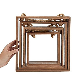 Farmlyn Creek Set of 4 Brown Square Wall Hanging Shelves for Closet, Rustic Wooden Cube Shelf for Bathroom with Rope, (4 Sizes)