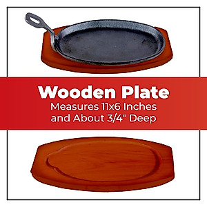 Cast Iron Steak or Fajita Plate 8 x 4 1/2 inside dimension w/ Wooden Holder and Handle