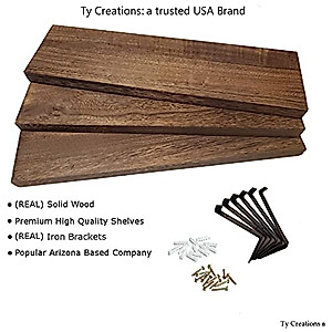 Ty Creations Wall Mounted Floating Shelves Set of 3, Rustic Wood Decorative Wall Storage Shelves with Metal L Bracket for Kitchen, Livingroom, Bedroom, Bathroom and Office
