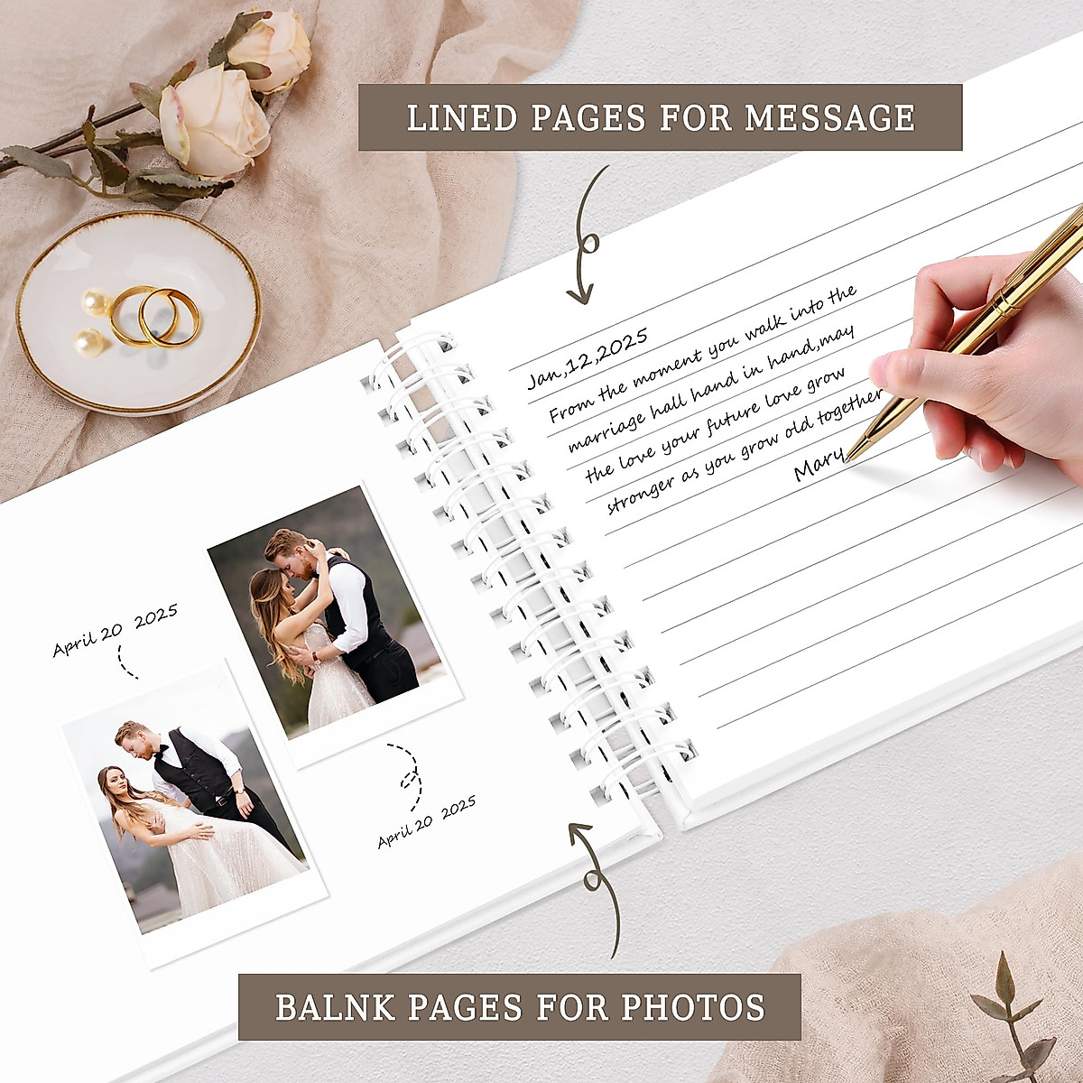 WEMATE Guest Book, Leather Memorial Guestbook,Suitable for Funeral,Graduation and Special Events,Polaroid Guest Book with A Pen,136 Blank&Lined Pages for Sign in and Photos 7"x10″ (Black)