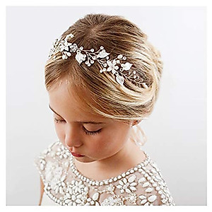 SWEETV Flower Girl Headpiece Silver Princess Wedding Headband -Baby Girls Flower Pearl Hair Accessories for Birthday Party, Photography