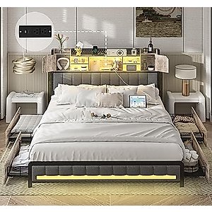 Full Size Bed Frame with Bookcase Headboard & Storage Drawers, Bed Frame Full Size with LED Lights & Charging Station, Heavy Duty Metal Bed Frame for Kids Adults, No Box Spring Needed, Charcoal Gray