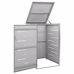vidaXL Stainless Steel Frame Single Wheelie Bin Shed with Galvanized Steel Panels - Rust-Resistant, Lockable and Air-Circulating Design, Convenient Lid & Springs, Gray
