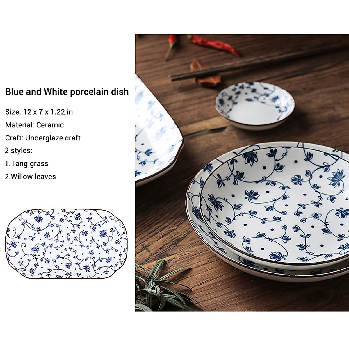 Gegong 12 inch Fish Plate Blue and White Porcelain Dish Serving Plate Floral Dinner Shallow Plate Appetizer Salad Dessert Snack Plate (Tang Grass)