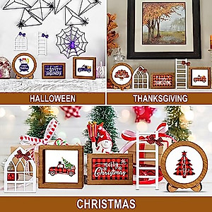 Tiered Tray Decor for Halloween/Thanksgiving/Christmas, Interchangeable Holiday Buffalo Plaid Wood Signs Farmhouse Decor - Rustic Wooden Decor for Halloween Thanksgiving Christmas Decorations